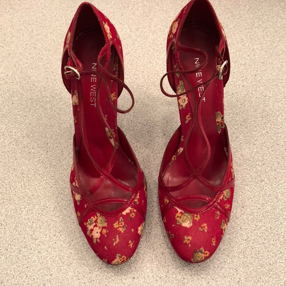 Nine West | Shoes | Deep Red Platform Floral Strappy Heels Nib | Poshmark